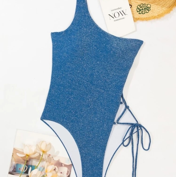 SHEIN | Swim | Shimmer Blue One Shoulder Lace Up Asymmetric Swimsuit ...
